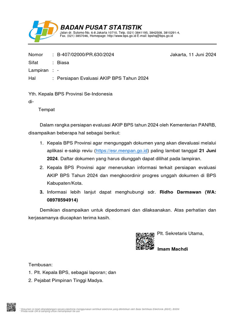 B-407.02000.PR.630 Surat Upload ESR Evaluasi AKIP BPS | PDF