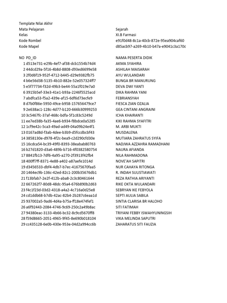 Template Nilai Akhir Mata Pelajaran Sejarah Kelas XIB Farmasi | PDF