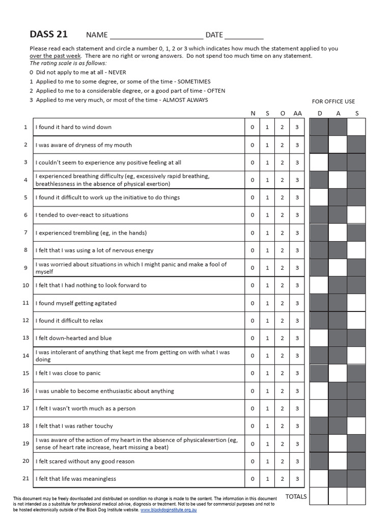 DASS 21 Questionnaire and Answer Sheet | PDF | Anxiety | Major ...