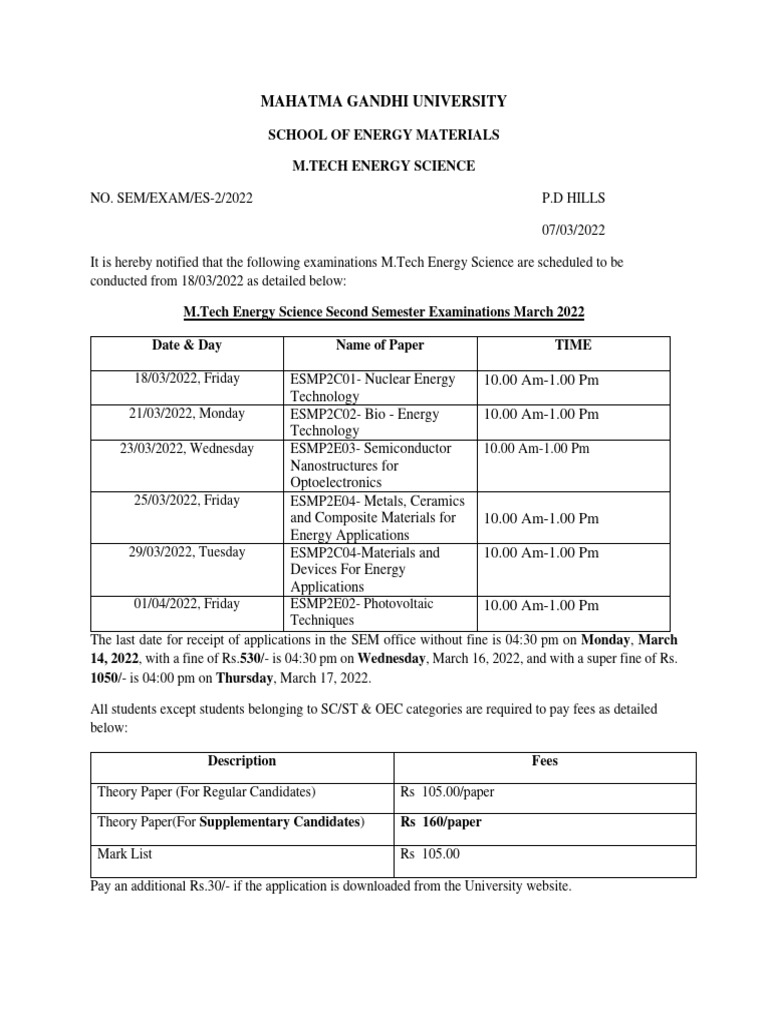 M.Tech Energy Science Exam Schedule 2022 | PDF | Physical Sciences ...