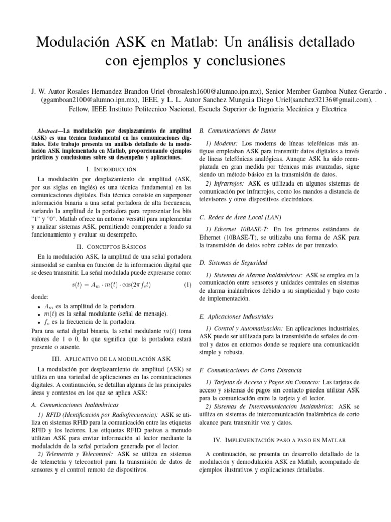 Modulaci On ASK en Matlab: Un An Alisis Detallado Con Ejemplos y Conclusiones | PDF | Modulación ...