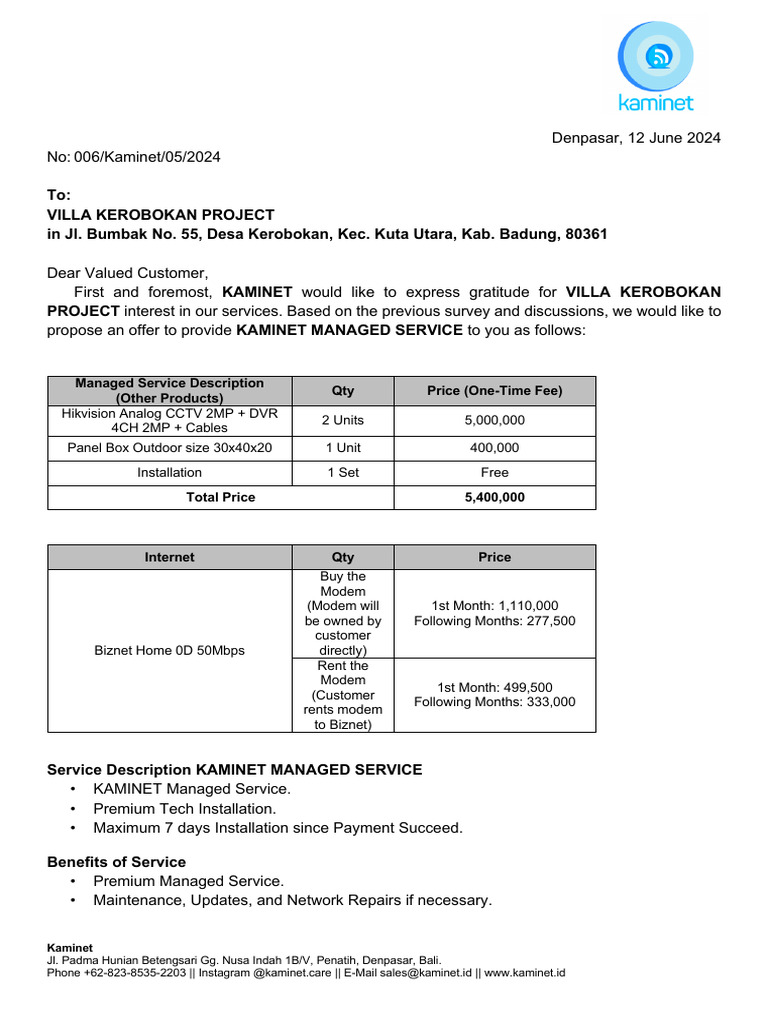 Kaminet Proposal - Villa Kerobokan Project | PDF | Telecommunications | Service Industries