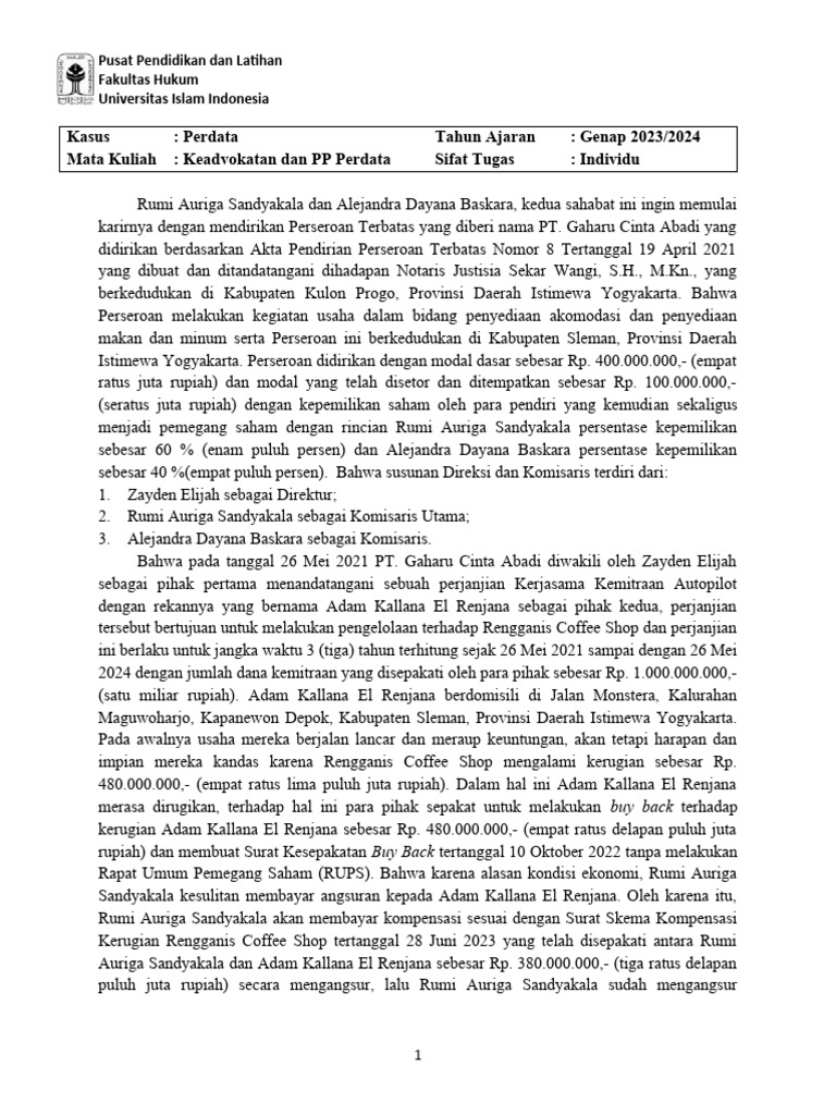 Kasus Posisi Perdata Semester Genap TA. 2023-2024 | PDF