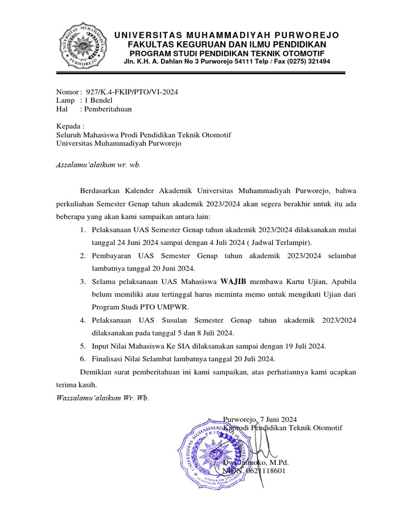 Surat Pemberitahuan UAS MHS PTO | PDF