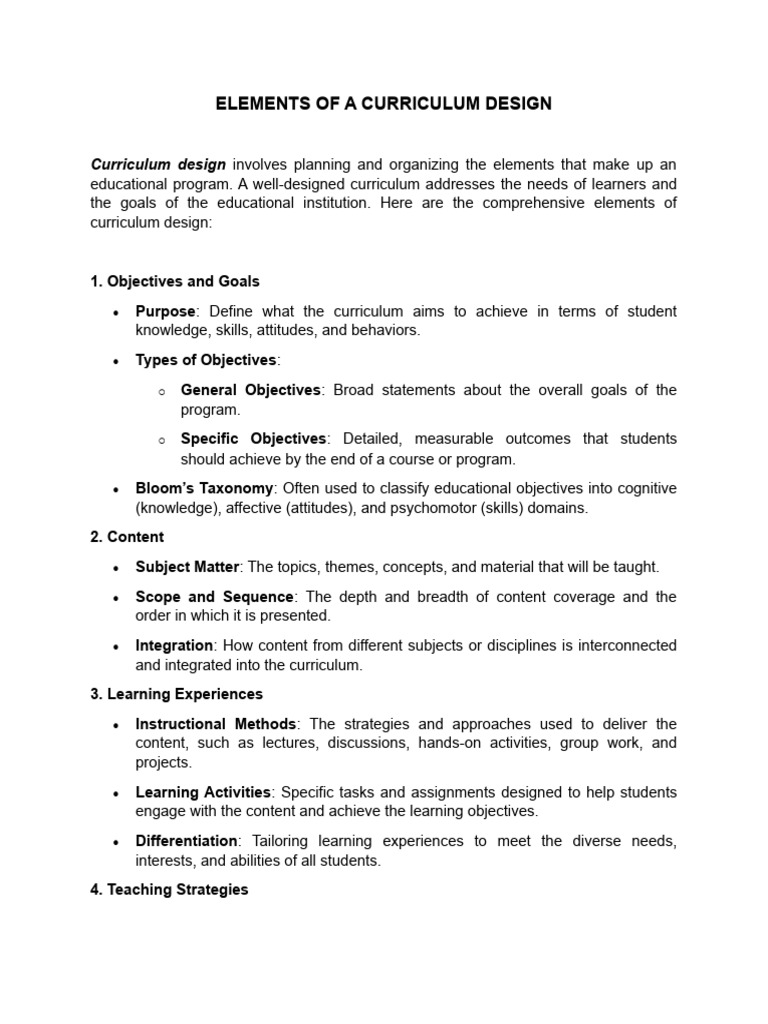 Elements of A Curriculum Design | PDF | Educational Assessment | Curriculum