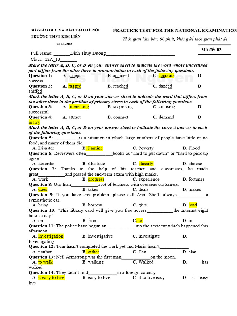 Practice Test 3 | PDF | Sports & Recreation