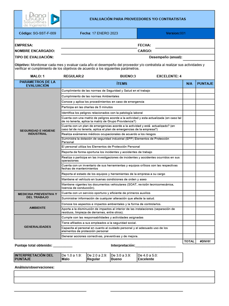 FT-SST-Evaluación Proveedores y Contratistas | PDF | Higiene