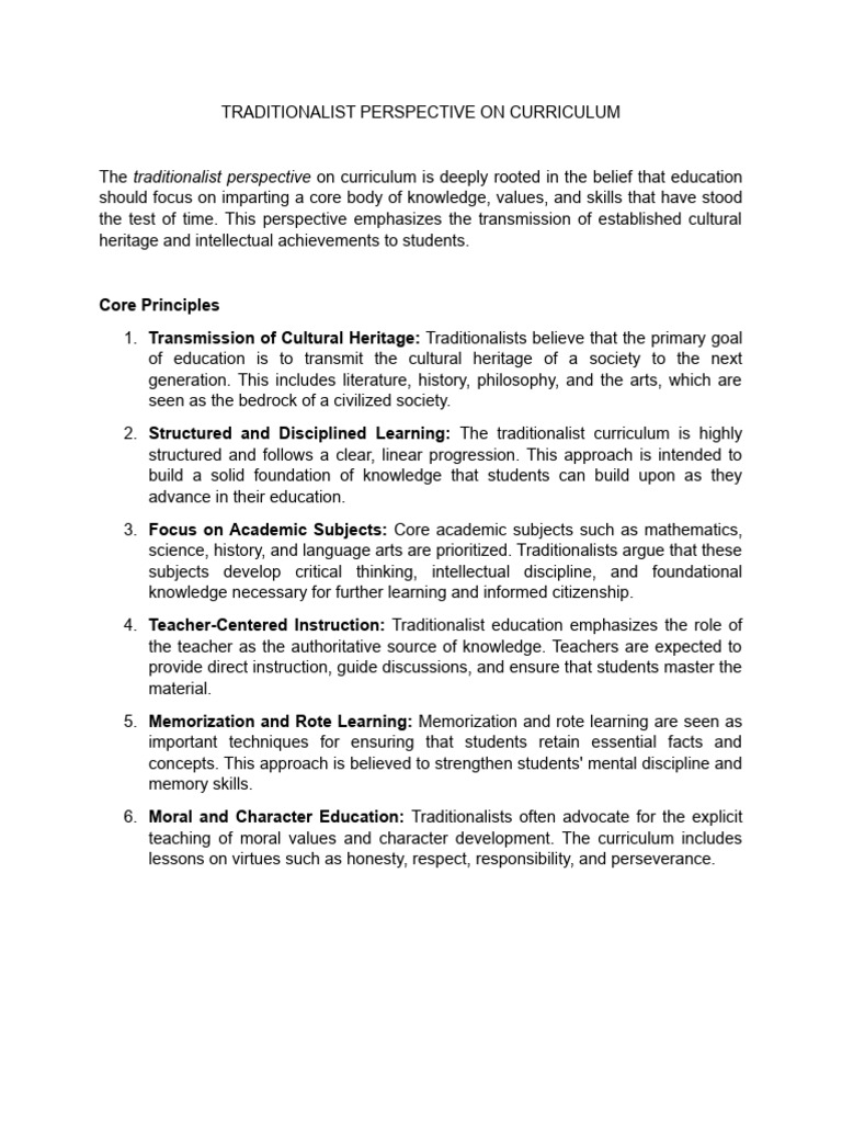Traditionalist Curriculum Perspectives | PDF | Curriculum | Knowledge