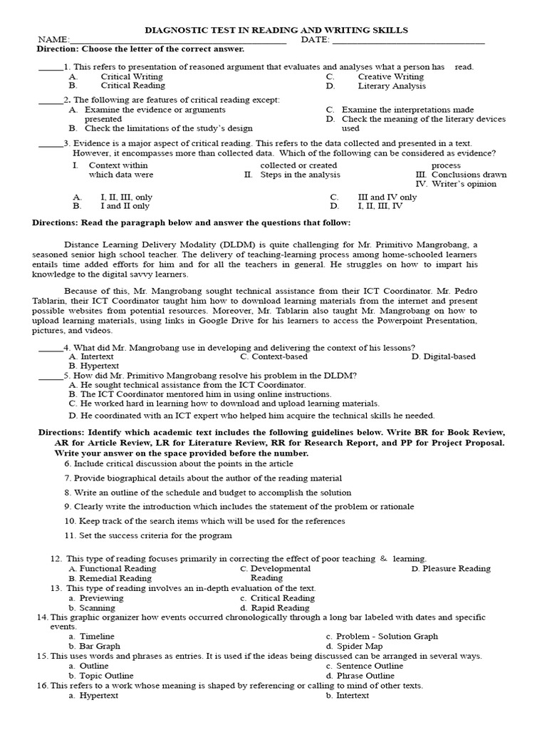 Diagnostic Test on Reading Skills | PDF | Educational Technology | Essays
