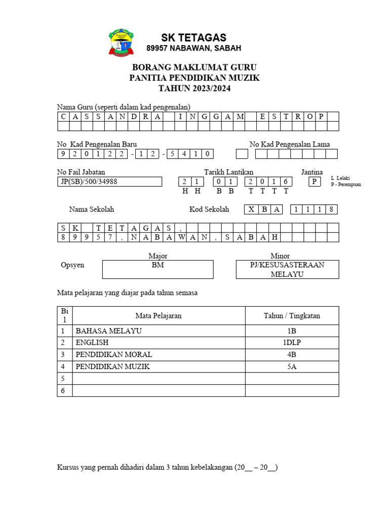 Borang Maklumat Guru PANITIA MUZIK | PDF