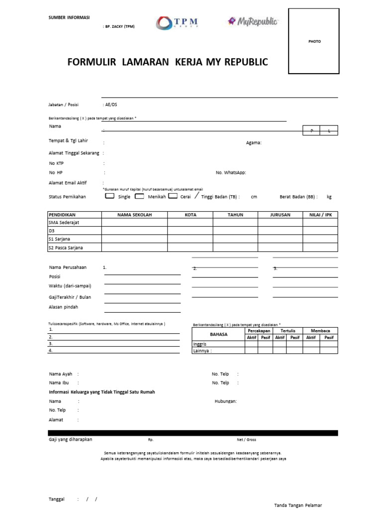 Formulir Lamaran Kerja My Republic Pdf