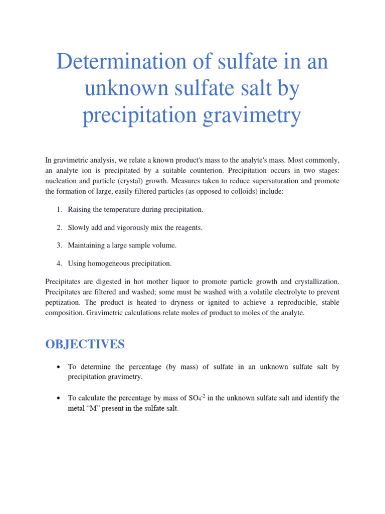 Part 1. Determination of Sulfate in An Unknown Sulfate Salt by ...