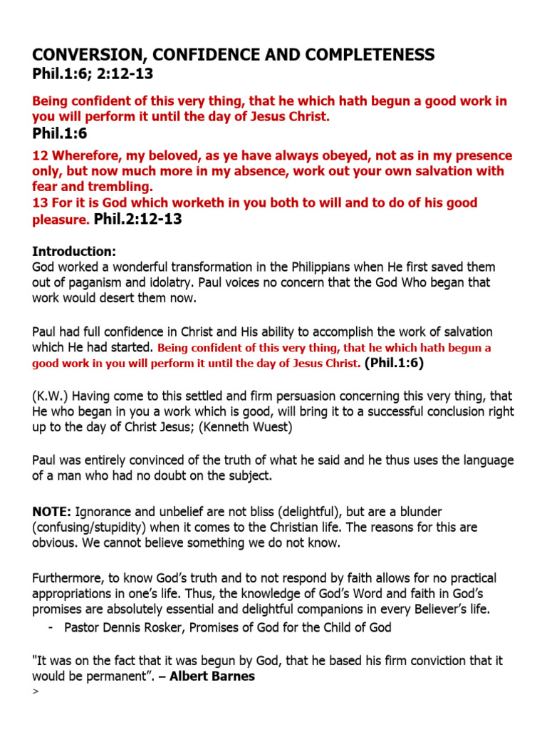 Confidence in God's Transformative Work | PDF | Perseverance Of The ...