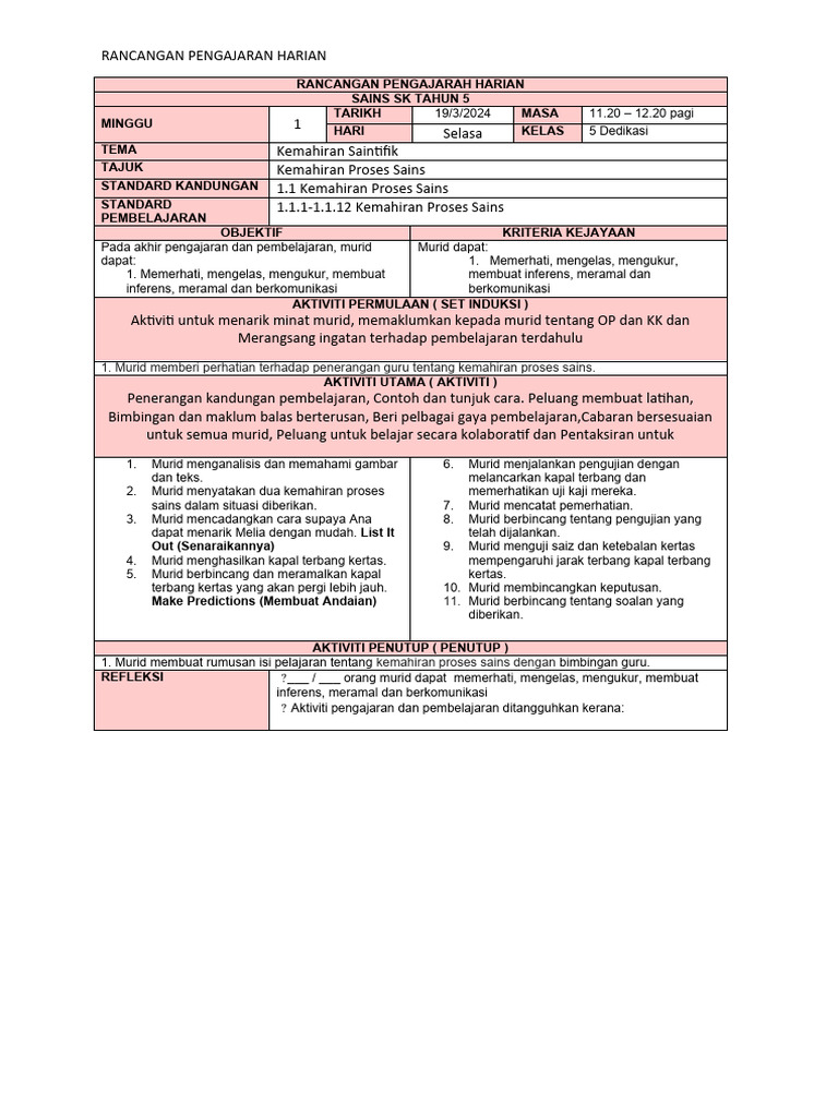 RPH Sains Tahun 5 | PDF