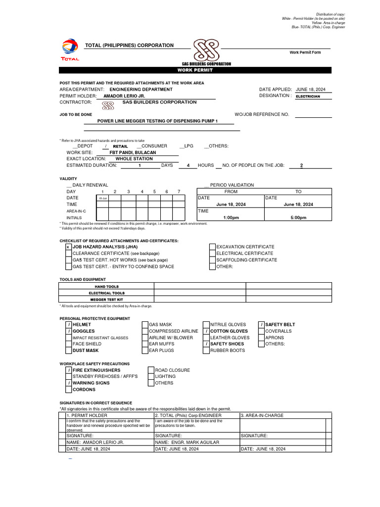 Work Permit - FBT Pandi Bulacan | PDF | Electrician | Safety