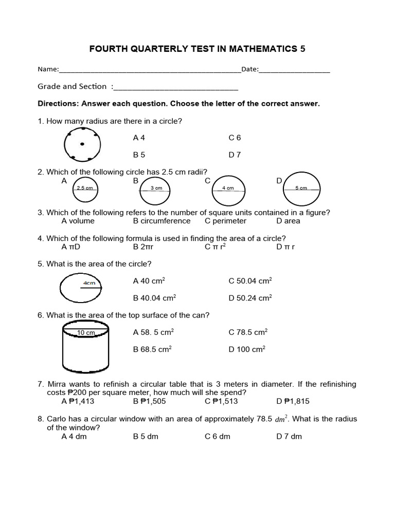 PT - Mathematics 5 - Q4 V2 | PDF | Area | Volume