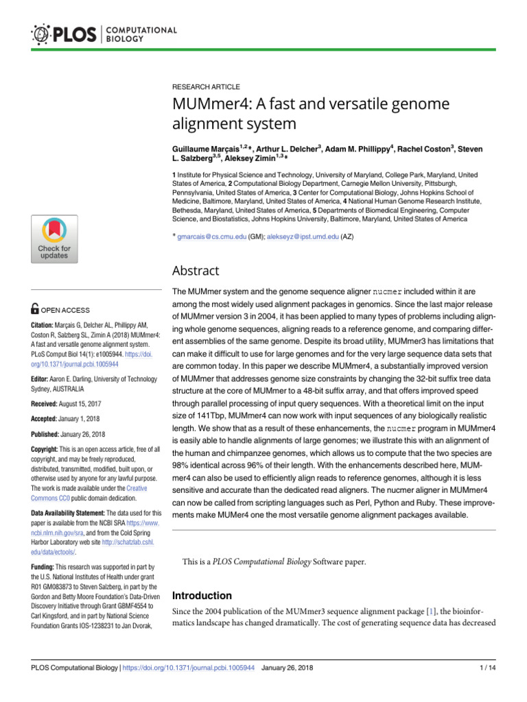 MUMmer4 A Fast and Verstile Genome Alignment System | PDF | Sequence Alignment | Dna Sequencing