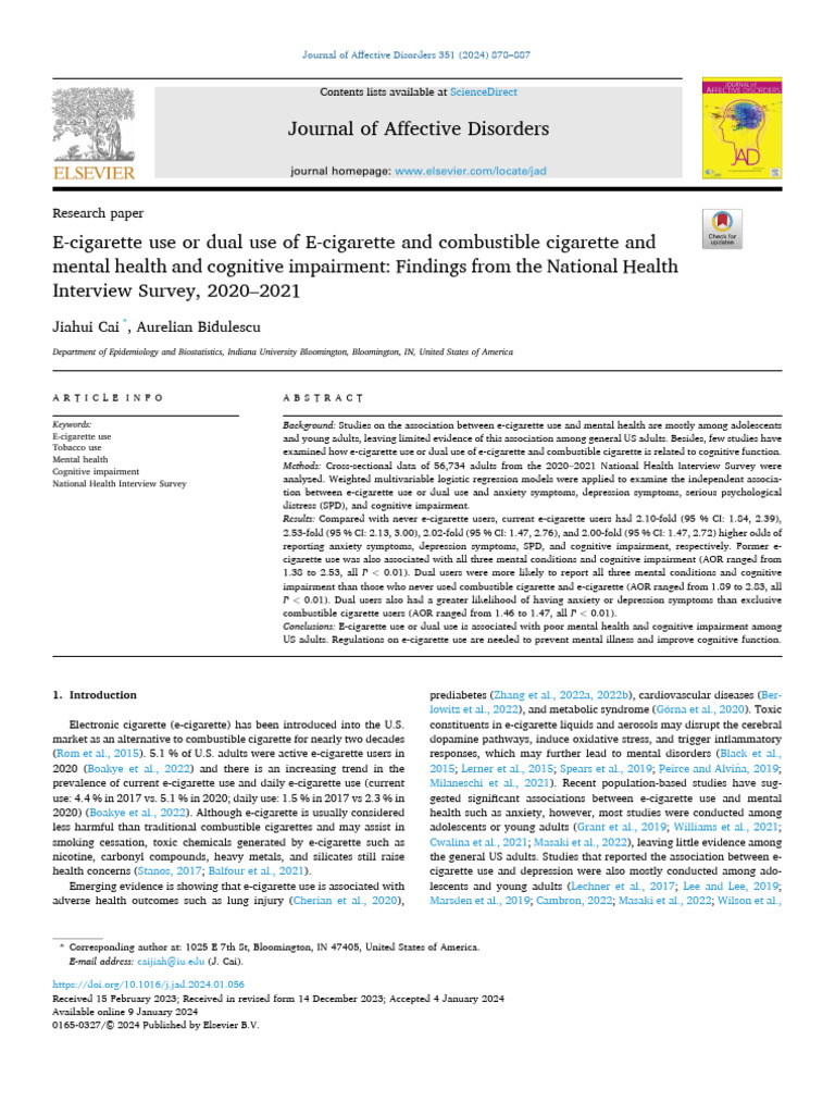Journal of Affective Disorders: Jiahui Cai, Aurelian Bidulescu | PDF ...