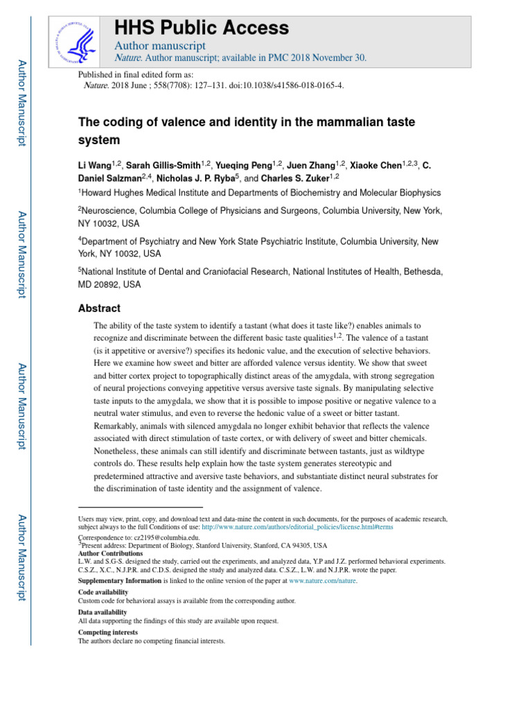 The Coding of Valence and Identity in The Mammalian Taste System | PDF ...