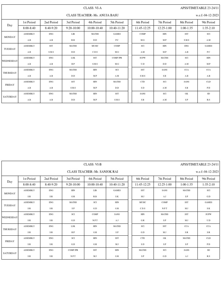 Class Time Table Pdf