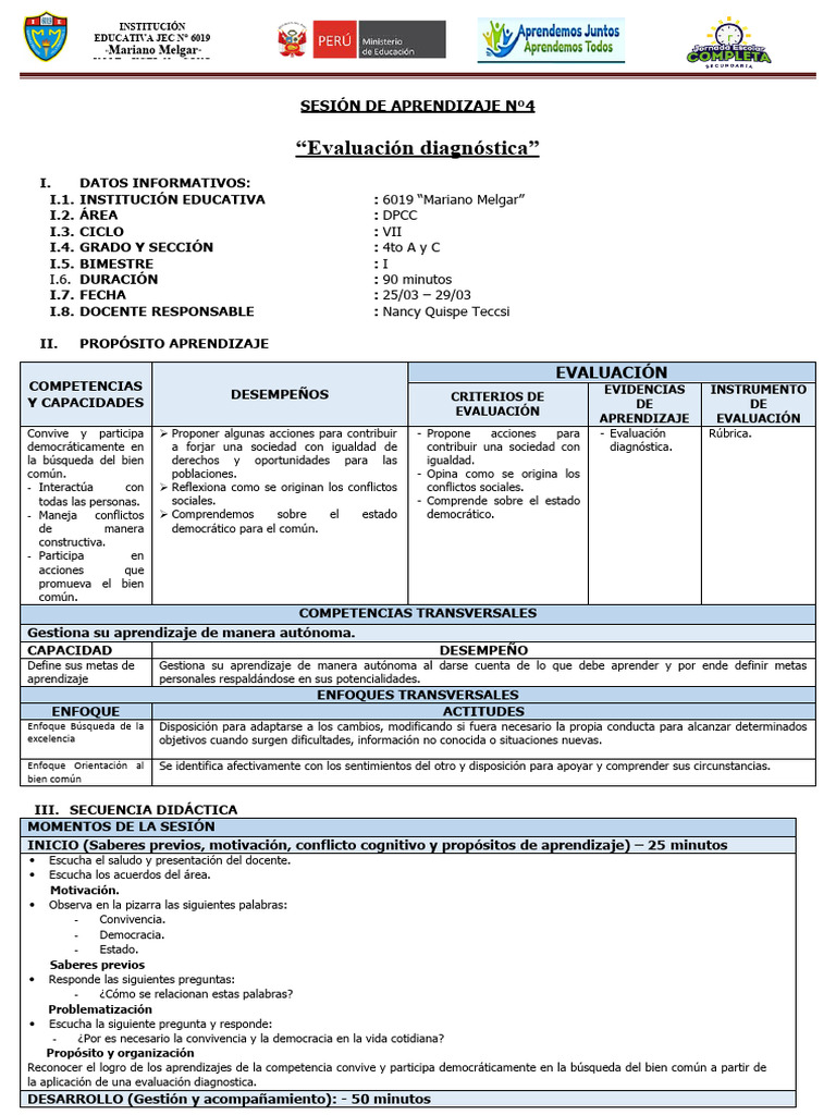 SESIÒN 4 - Evaluaciòn Diagnostica | PDF | Evaluación | Aprendizaje