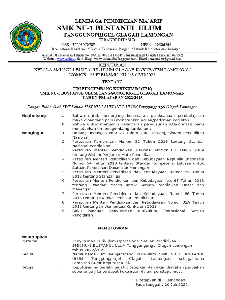 SK TPK - Bustanul Ulum | PDF