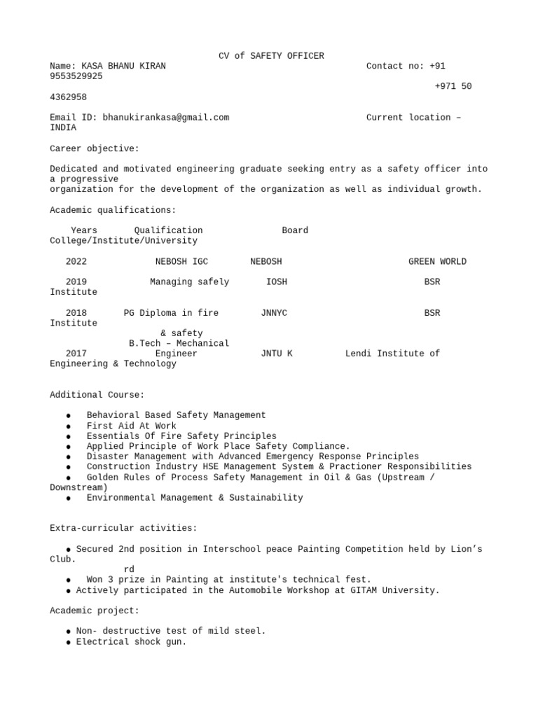 KIRAN Safety Officer CV | PDF | Safety