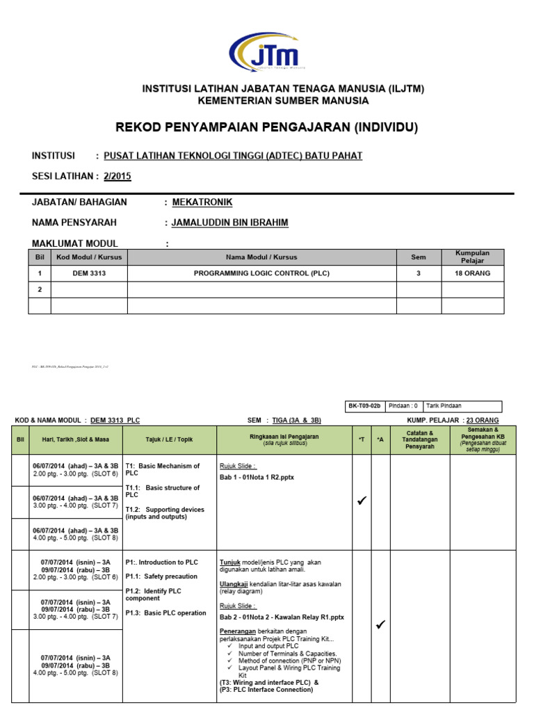 2015 - 2 PLC - BK-T09-02b - Rekod Pengajaran Pengajar r1 | PDF