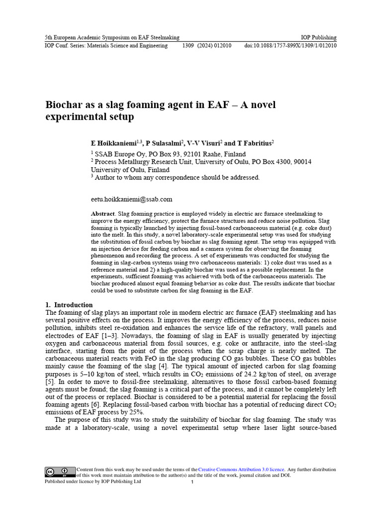 Biochar As A Slag Foaming Agent in EAF | PDF | Steelmaking | Secondary Sector Of The Economy