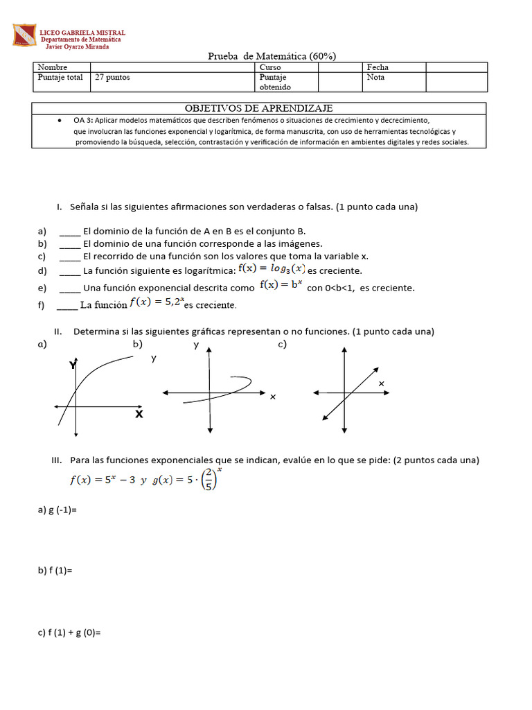 Prueba 3 FUNCIONES LOG EXP | PDF | Función (Matemáticas) | Funcion exponencial