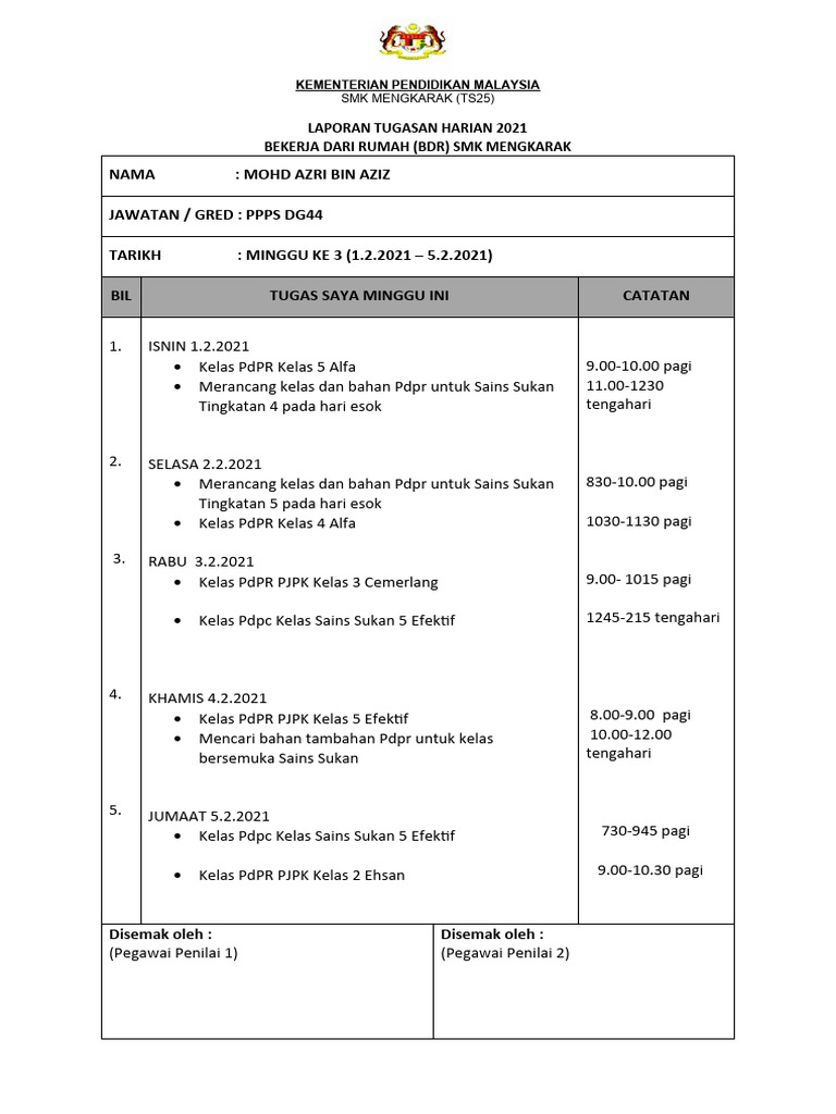 Nama: Mohd Azri Bin Aziz Jawatan / Gred: Ppps Dg44 TARIKH: MINGGU KE 3 ...