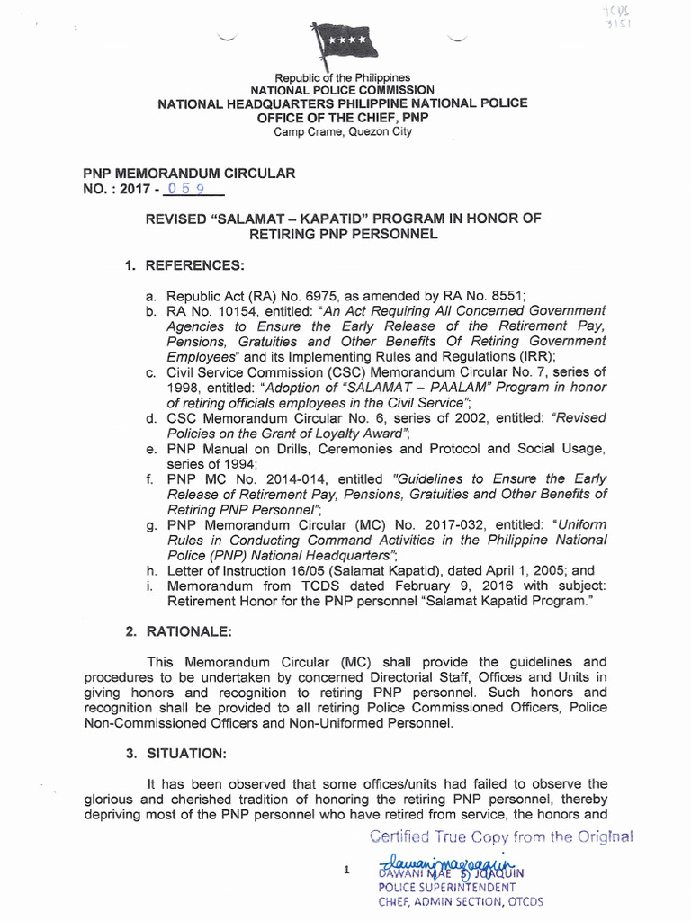 PNP MC 2017 059 Revised SALAMAT KAPATID Program in Honor of Retiring ...
