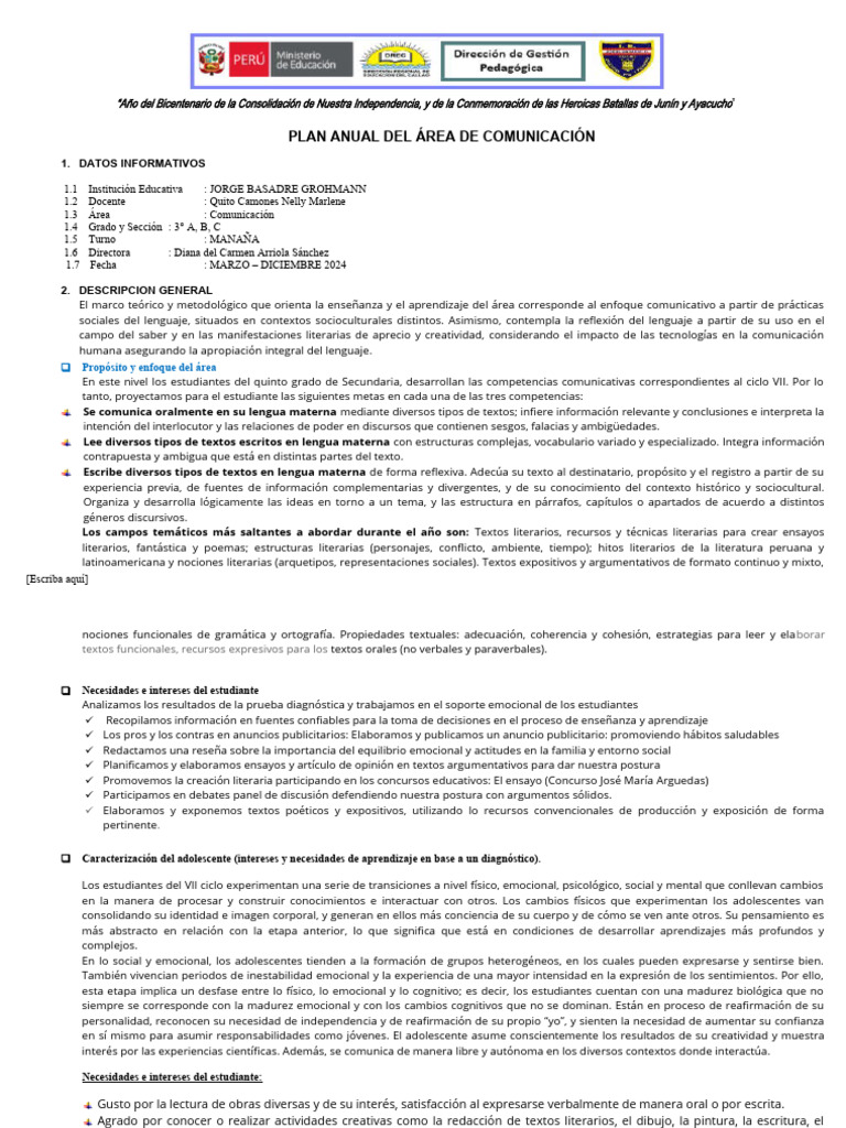 Plan Anual Del Area de Comunicacion 3° Nelly 2024 | PDF | Aprendizaje | Las emociones