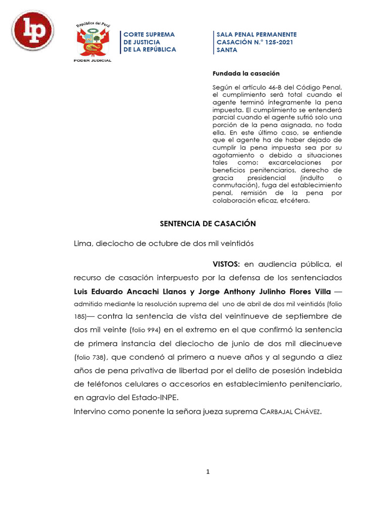 Casacion 125 2021 Santa LPDerecho 1 | PDF | Castigos | Sentencia (ley) Casacion 125 2021 Santa LPDerecho 1 | PDF | Castigos | Sentencia (ley)