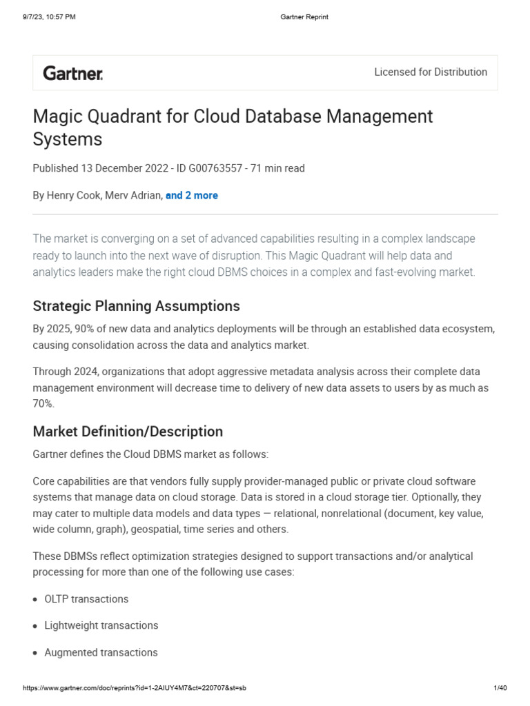 Garner - Magic Quadrant for Cloud Database Management Systems | PDF ... Garner - Magic Quadrant for Cloud Database Management Systems | PDF ...