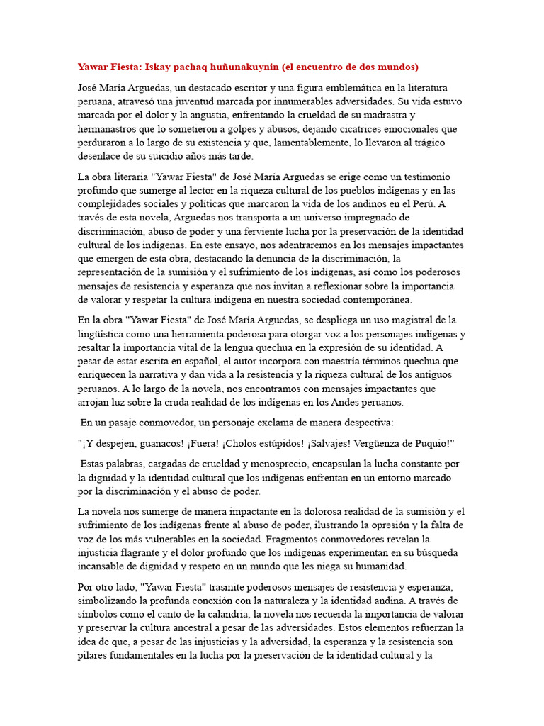 Yawar Fiesta: Iskay Pachaq Huñunakuynin (El Encuentro de Dos Mundos) | PDF