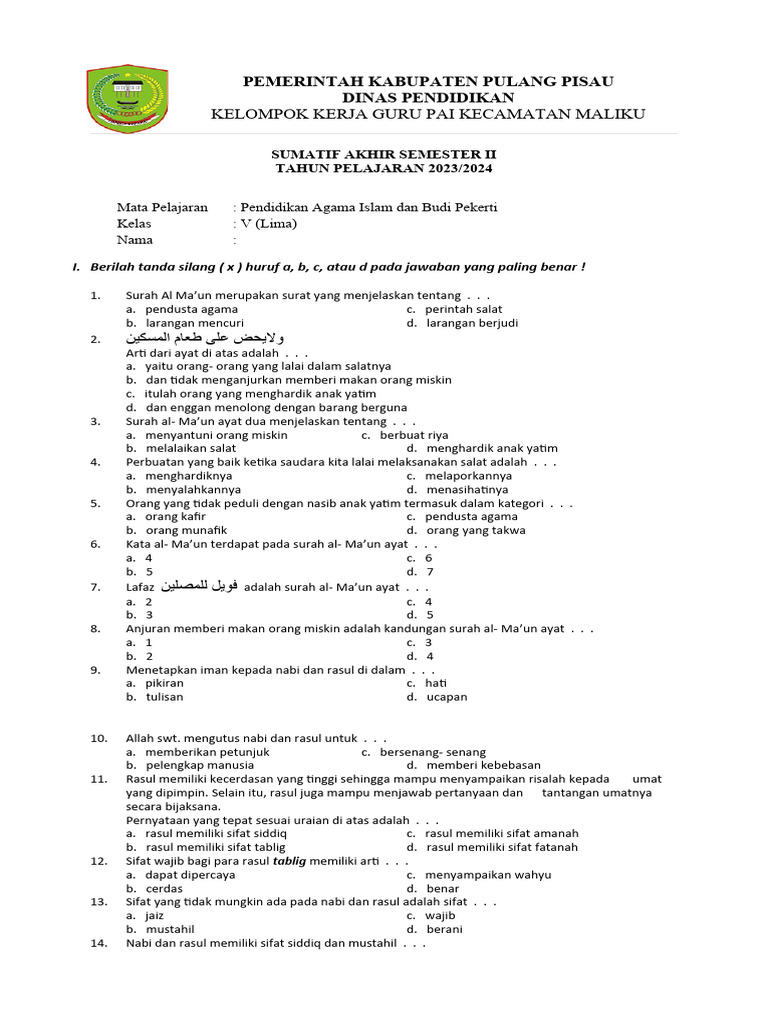 SOAL PAS2 PAI Kelas 5 2024 | PDF