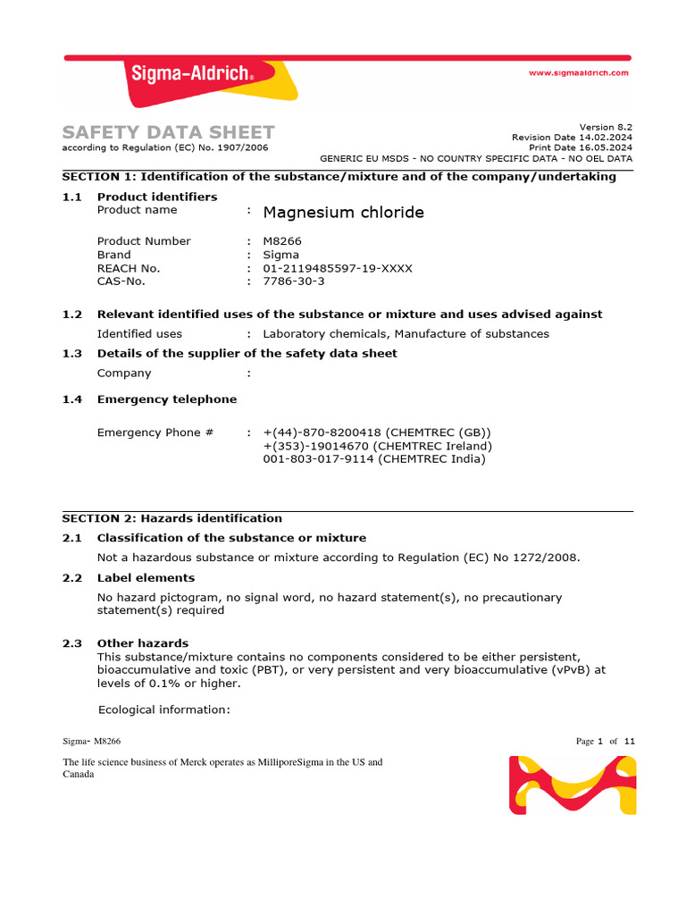 SDS Magnesium Chloride - RM - 2024 | PDF | Dangerous Goods | Toxicity