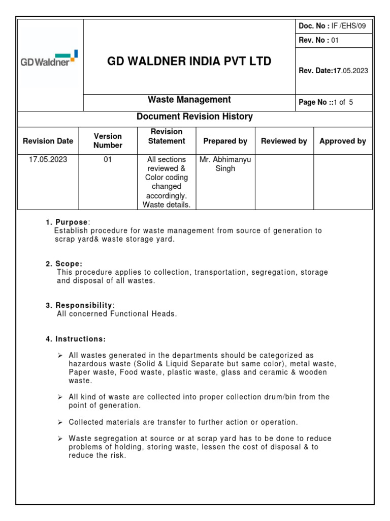 GDW Waste Management Plan For Site | PDF | Waste Management | Waste