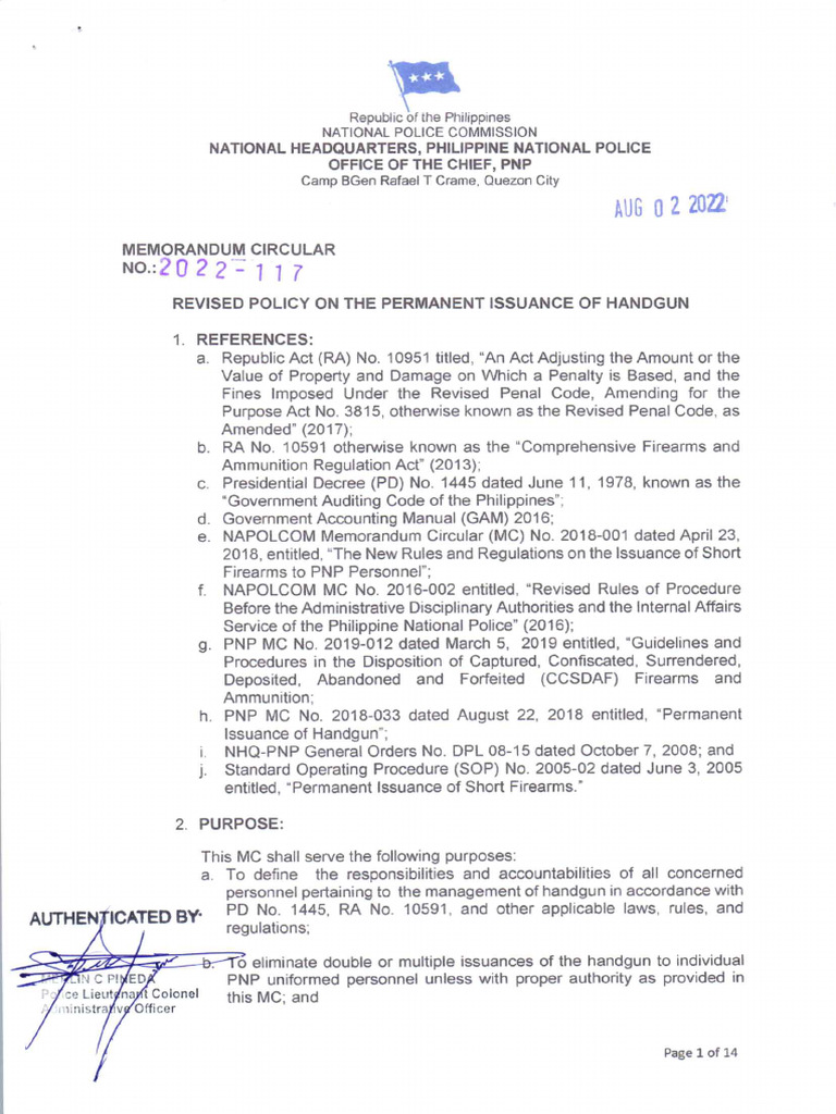 PNP MC 2022 117 Revised Policy On The Permanent Issuance of Handgun - 1 | PDF