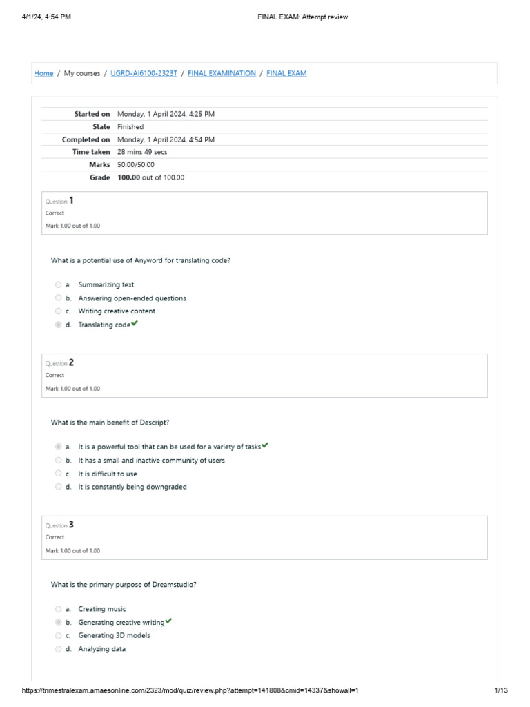 FINAL EXAM - Attempt Review1 | PDF | Artificial Intelligence | Intelligence (AI) & Semantics