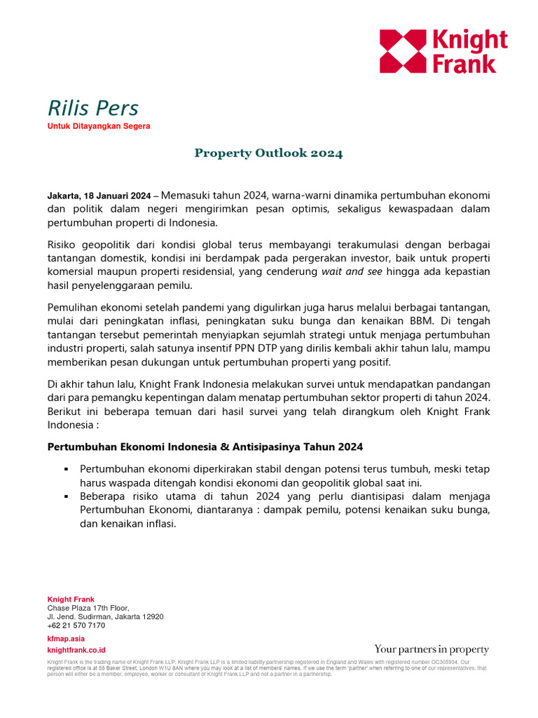 Knight Frank Indonesia - Research - Rilis Pers - Property Outlook 2024 | PDF