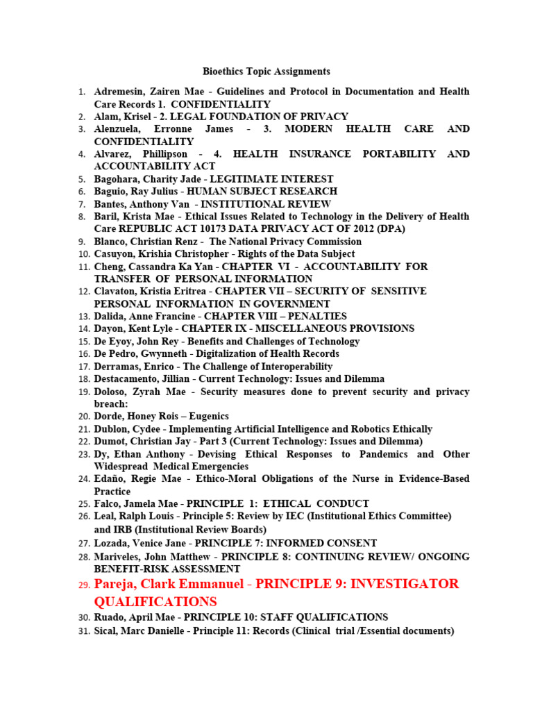 Bioethics Topic Assignments | PDF | Institutional Review Board | Bioethics