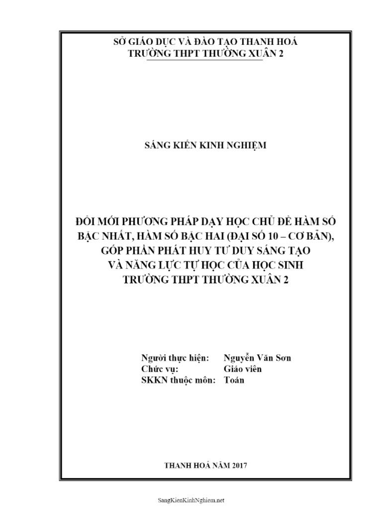 SKKN Đổi Mới Phương Pháp Dạy Học Chủ Đề Hàm Số Bậc Nhất, Hàm Số Bậc Hai (Đại Số 10 - Cơ Bản) | PDF