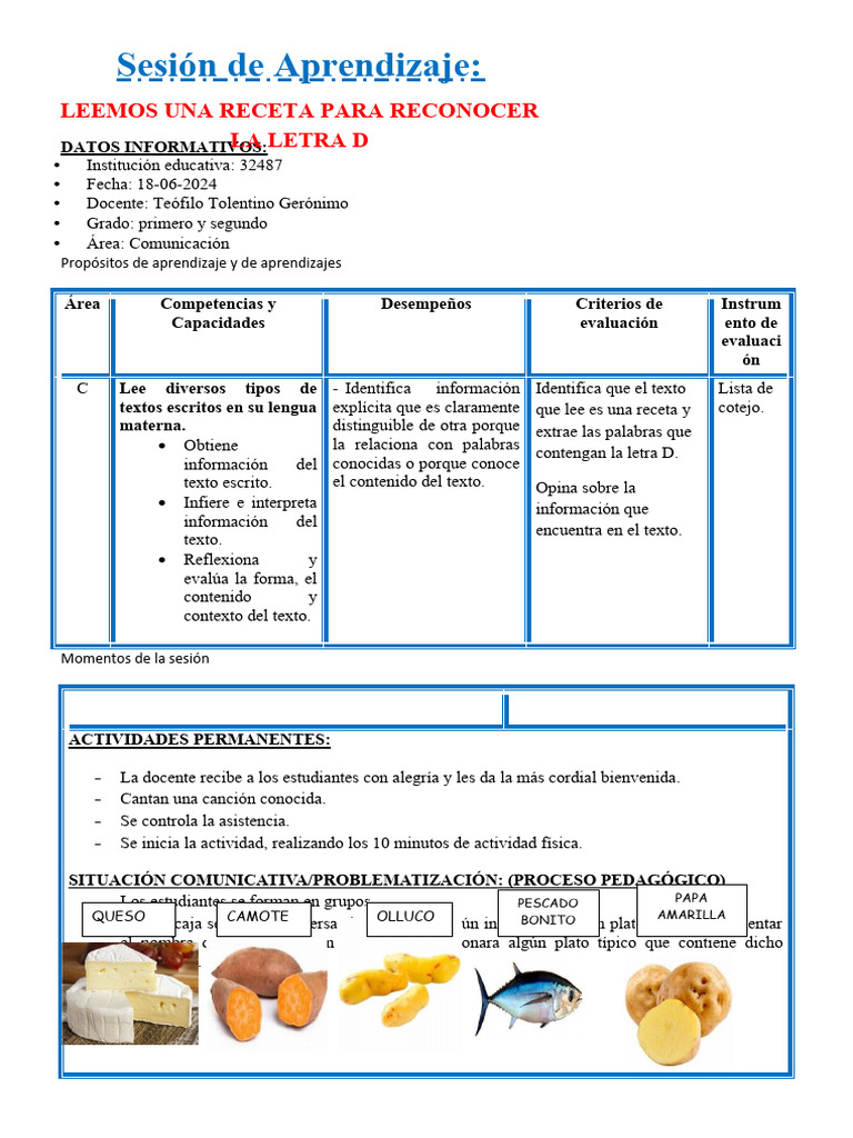 1° Sesión Día 3 Com Leemos Una Receta para Reconocer La Letra D | PDF ...