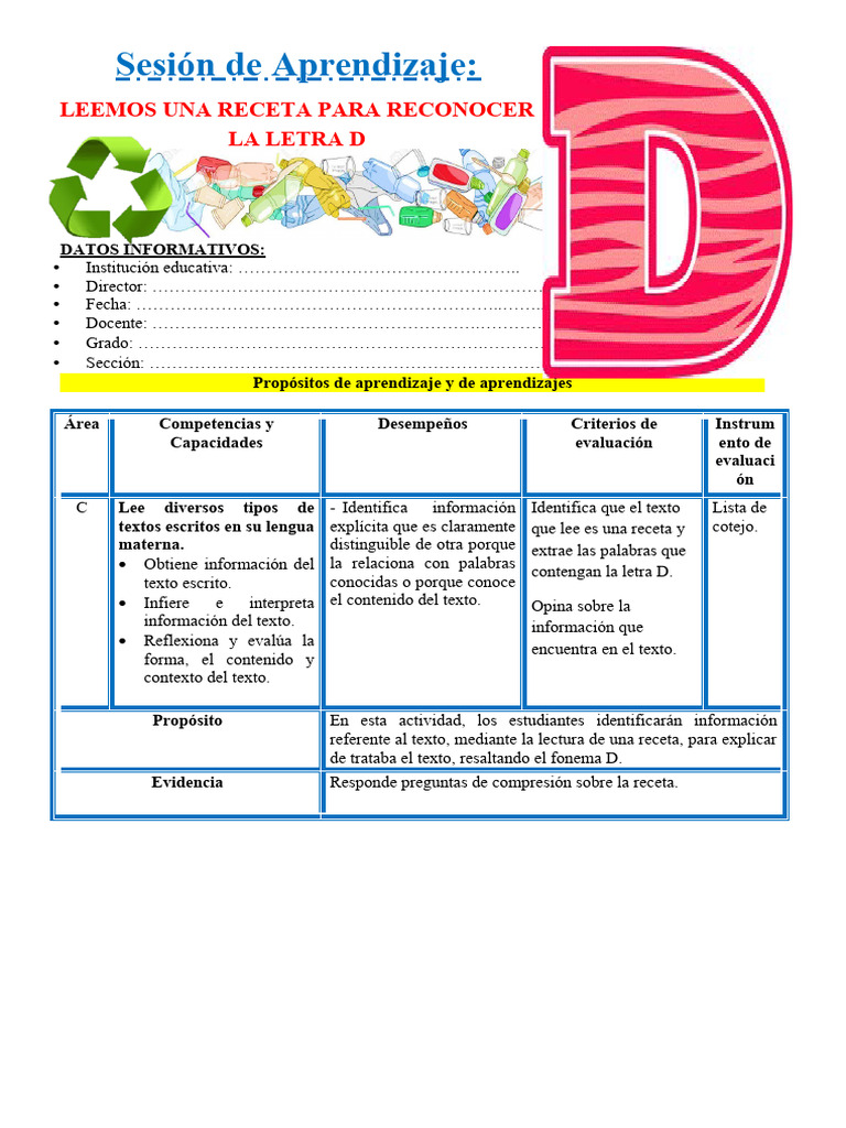 1° Sesión Día 3 Com Leemos Una Receta para Reconocer La Letra D | PDF