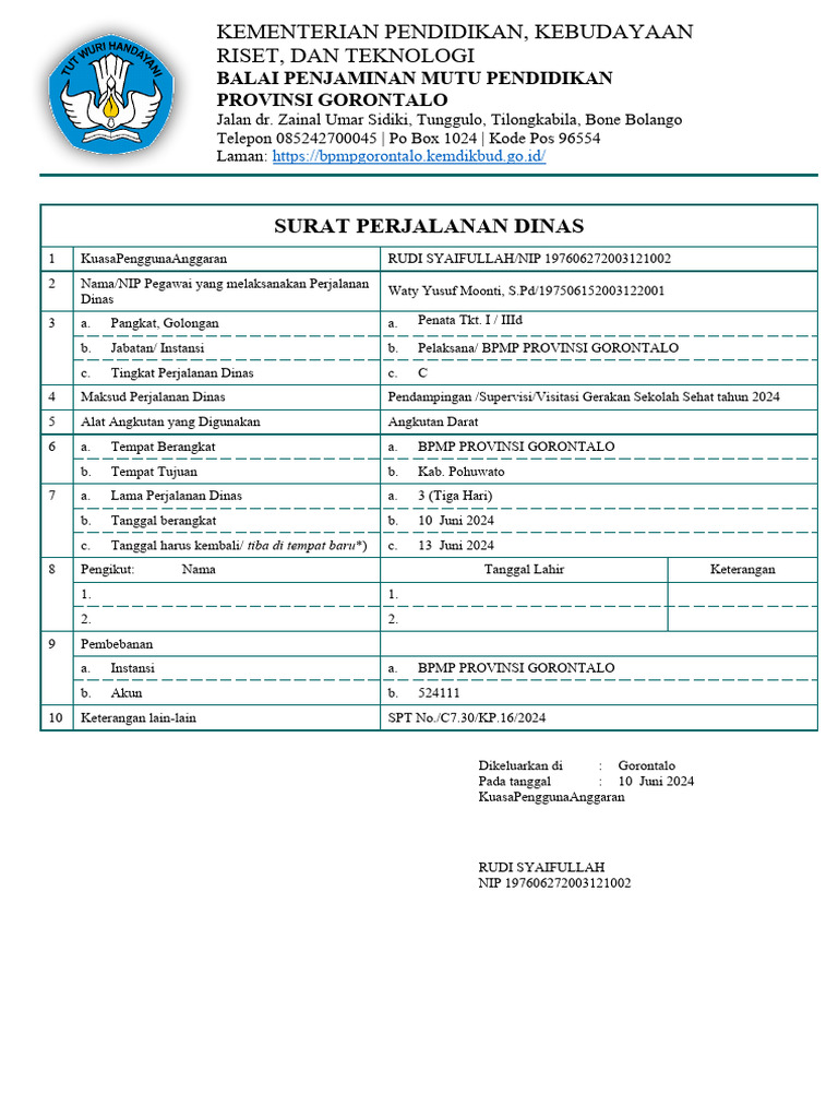 Surat Perjalanan Dinas BPMP Gorontalo | PDF