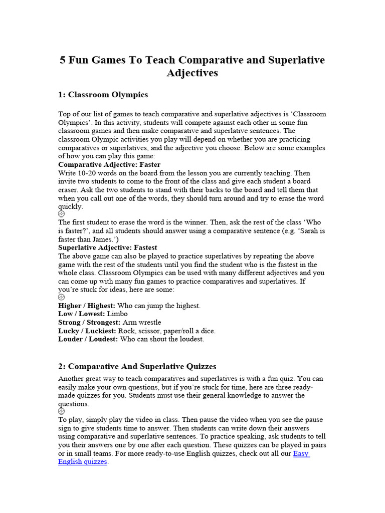 Fun Games for Comparative Adjectives | PDF | Adjective | Quiz