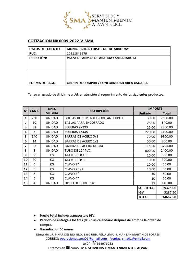 COTIZACION #0009-2022 Materiales | PDF | Materiales de construcción
