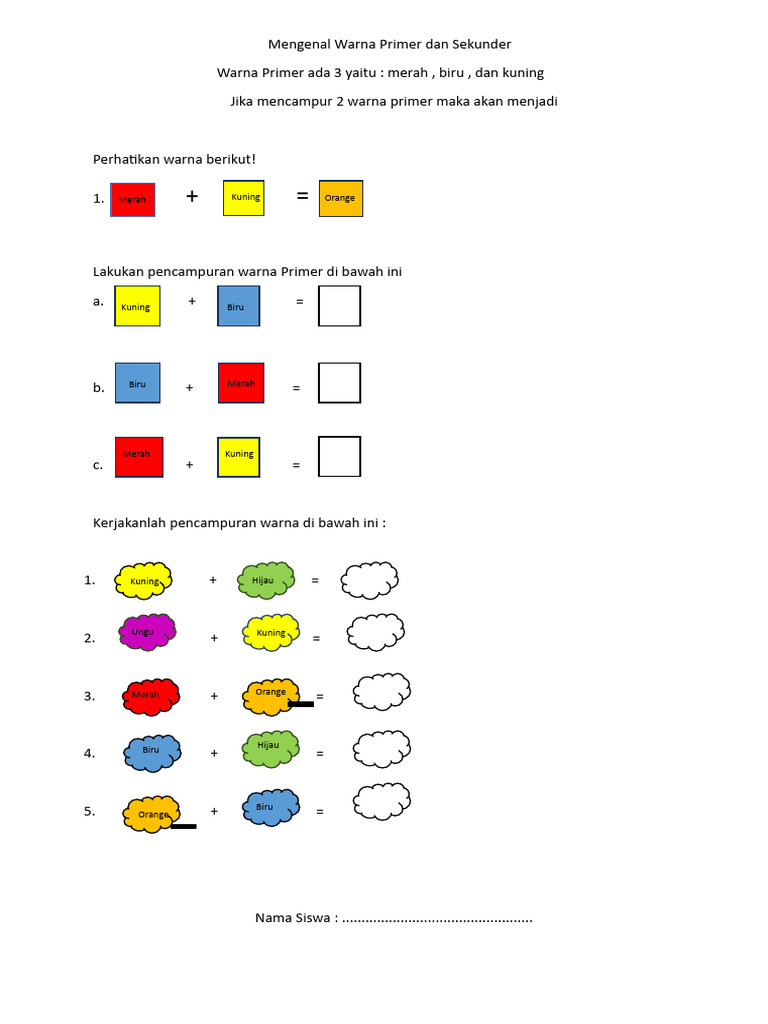 Worksheet Pencampuran Warna Dasar | PDF